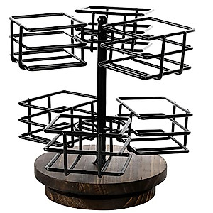 MyGift Black Metal Wire Tea Organizer Spinning Carousel Teabag Holder Basket with Dark Brown Wood Base, 6-Compartment Tea and Coffee Station Condiment Rack