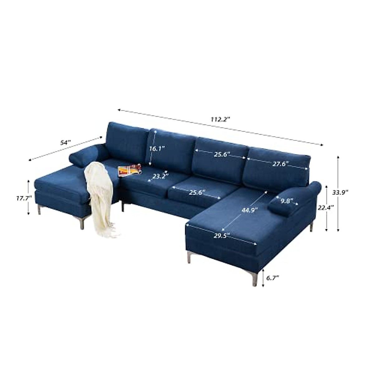 MELLCOM Modern U-Shape Sectional Sofa, Soft Linen Fabric Sectional Couch, Double Wide Chaise Lounge Couch with Modern Metal Feet for Apartment Living Room, Blue