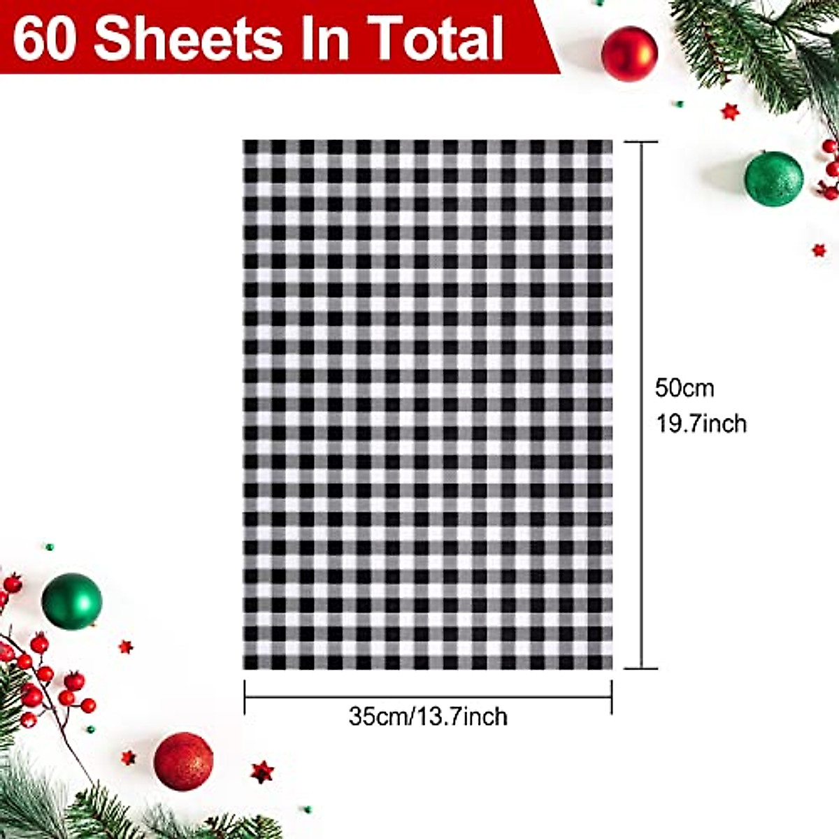 MIAHART 60 Sheets Christmas Tissue Paper 14 x 20inch Buffalo Styles White Black Plaid Gift Wrapping Tissue Paper for DIY Crafts Gift Bags Christmas New Year Party Supplies