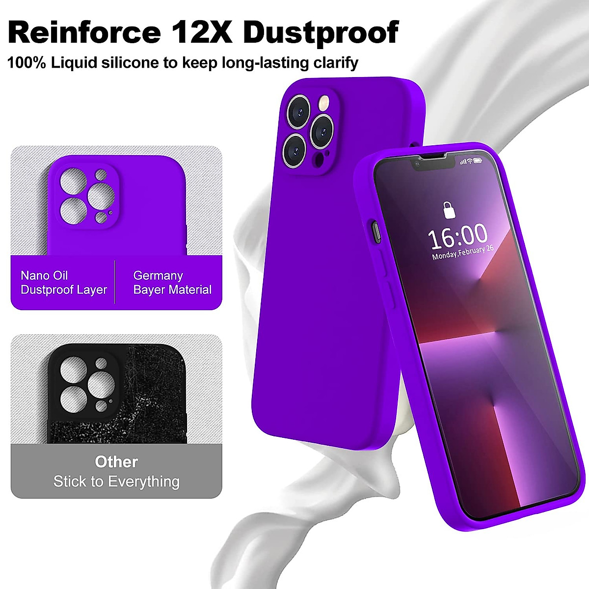 BossKiss Compatible with iPhone 13 Pro Max Case, Premium Liquid Silicone Case [Velvety Touch] [2 Pcs 9H Tempered Glass Screen Protector], Camera All-Round Protection Shockproof Kit Case,Neon Purple