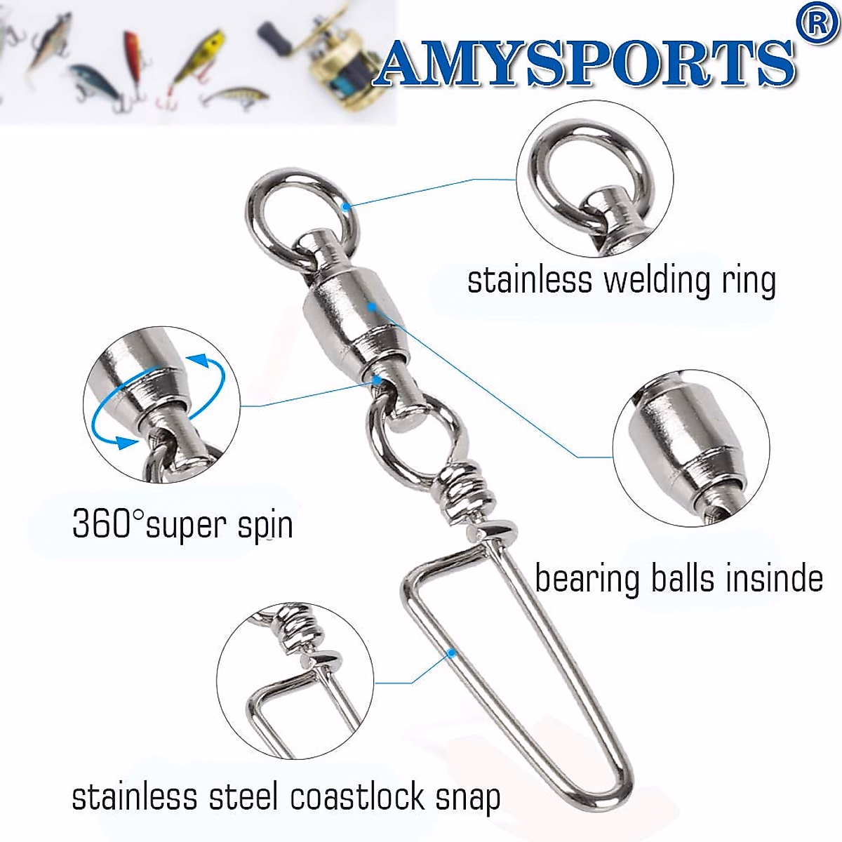 AMYSPORTS High Strength Fishing Snap Swivels - Ball Bearing Barrel Swivels, Stainless, Saltwater Corrosion Resistant - 25pcs, 31lbs