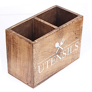 ARTISENIA Wooden Kitchen Utensil Holder With 2 Compartments Wood Utensil Organizer for Cutlery, Napkins, Cups Caddy Organizer | 9.5 X 5 X 7 Inch