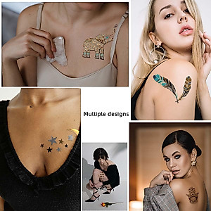 12 Sheets Flash Gold Metallic Temporary Tattoos for Women Girls Waterproof Gold Silver Tattoo Stickers for Beach Festivals Parties Long Lasting Nontoxic Glitter Fake Tattoos Exquisite Designs