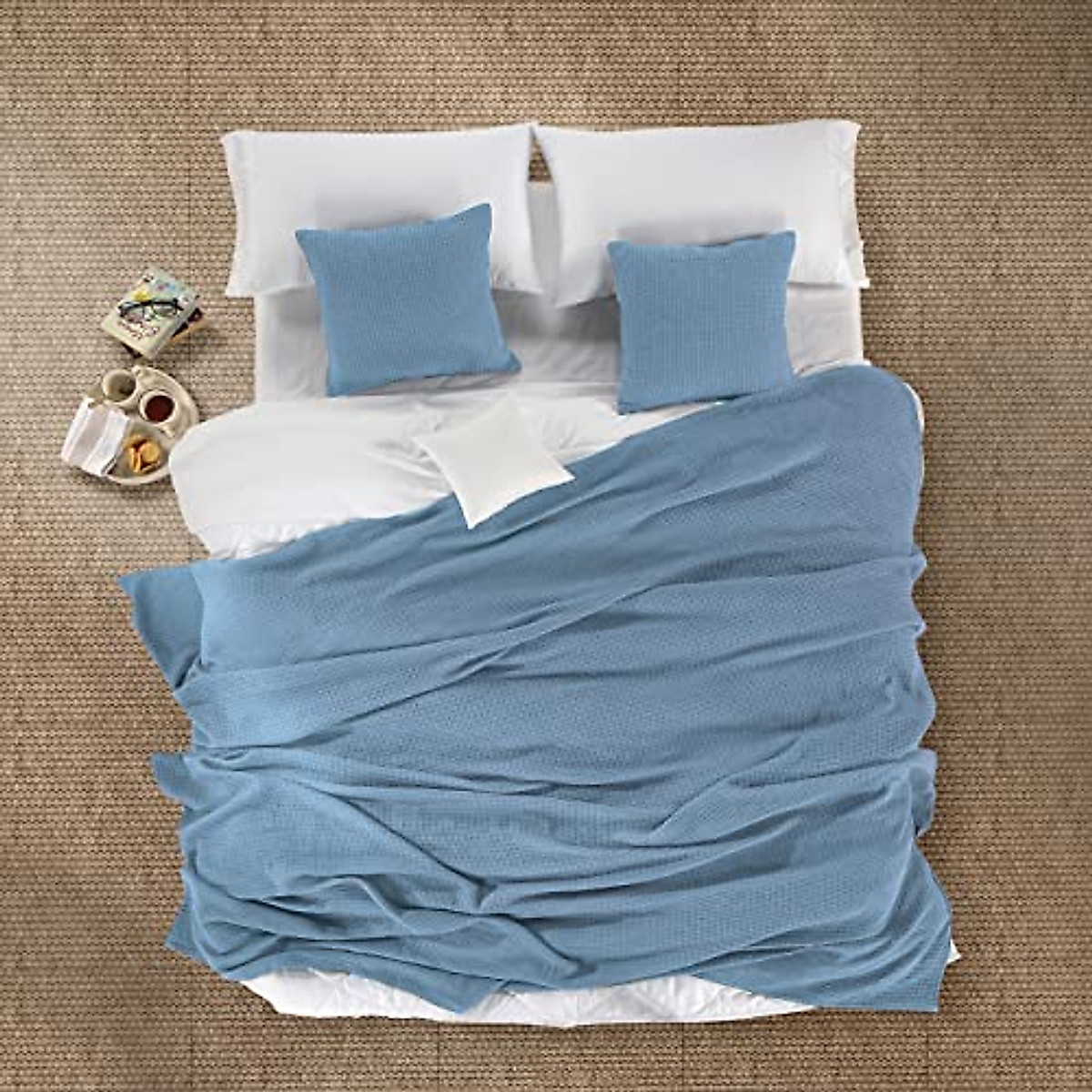 HILLFAIR 100% Cotton Blanket with 2 Throw Pillow Cover 18x18 Inch - 102x108 Inch California King Size Bed Blankets- Soft Breathable Blankets– Extra Large Oversized Cotton Blankets- Blue Bed Blankets
