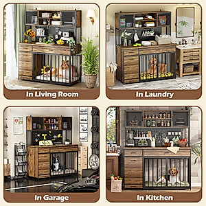 MOOLIVE Large Dog Crate Furniture with Storage, Wooden Dog Crates Kennel Furniture Kitchen Pantry Laundry Garage Storage Cabinet with Drawers, Storage Shelves for Small, Medium and Large Dog