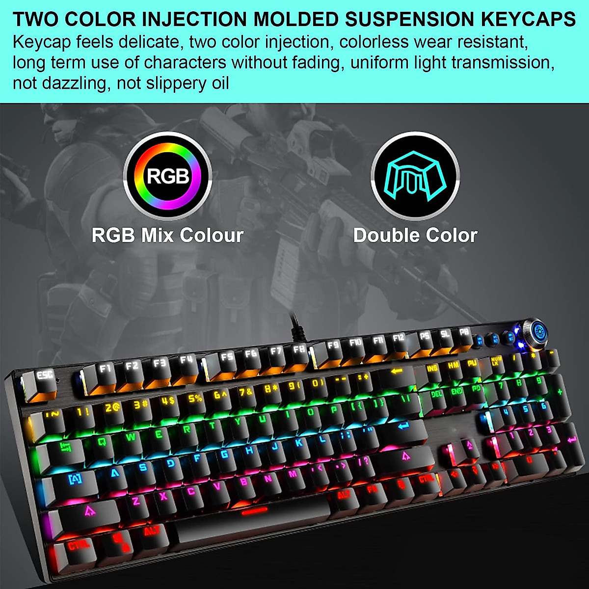 wendeekun Mechanical Illuminated Keyboard, 2 Color Injection 9 Lighting Effects Knob Version, Colorful Backlit Wired 104 Keys Gaming Keyboard