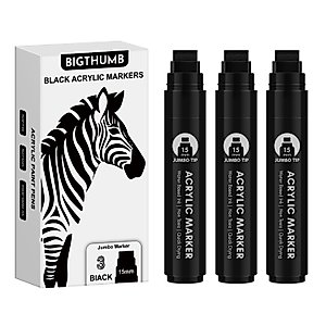 BIGTHUMB 3 Pcs Black Jumbo Permanent Markers: 15mm Wide Tip Thick Acrylic Paint Pen Large Calligraphy Marker for Rock Painting, Poster, Sign, Canvas, Glass, Wood, Ceramic