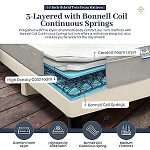 Aylas Furniture Twin Bed Mattress - 10 Inch Hybrid Twin Mattress with High Density & Comfort Cold Foam with Continuous Coil Bonnell Springs - Eco-Friendly, Breathable Twin Size Mattress Medium Firm