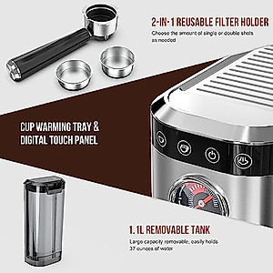 ICUIRE Espresso Machine 20 Bar, Stainless Steel Espresso Maker with Milk Frothing Pitcher, Professional Cappuccino Machine with Milk Frother semi-automatic espresso machine with 1.1L Water Tank