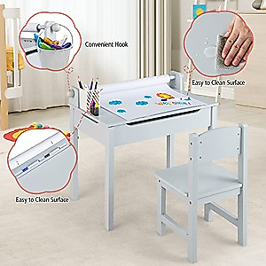 INFANS Kids Table and Chair Set with Paper Roll, Wooden Lift-top Desk for Toddler Writing Drawing Reading Craft Art, Children Furniture Activity Table Set for Nursery Daycare Playroom (Grey)