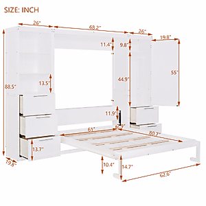 Hlcodca Queen Size Murphy Bed Wall Bed with Closet,Drawers and Shelves, Space-Saving for Multipurpose Guest Room Or Home Office (White-rr)