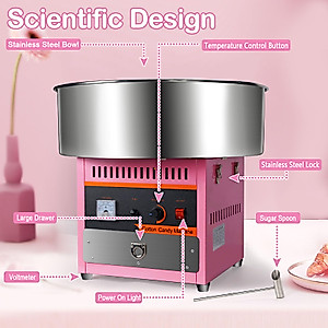 Large Cotton Candy Machine Commercial, 1000W Electric Cotton Candy Machine with Stainless Steel Bowl, Storage Drawer, and Sugar Spoon, Suitable for Family Gathering, Birthday Parties, Festivals (Pink)