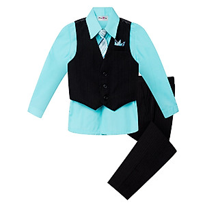 OLIVIA KOO Boys Colored Shirt Pinstripe 4 Piece Pinstriped Vest Set Size Infant-Boy,Aqua,14