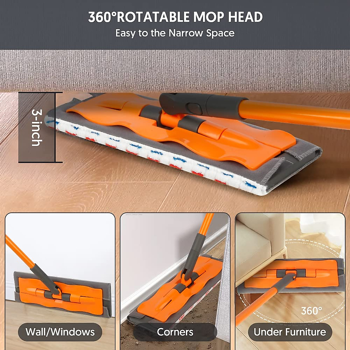 Microfiber Floor Mop for Hardwood Floor Cleaning, SEVENMAX Wet Dry Flat Mop with 3 Reusable Mop Pads and 360 Degree Rotating Floor Dust Mop Suitable for Hardwood Laminate Tile Kitchen Floor Cleaning