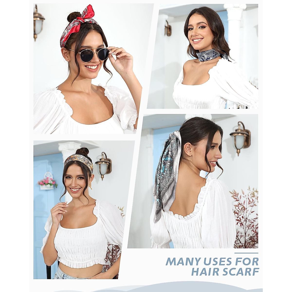 AWAYTR 23 Inches Satin Head Scarves for Women 4PCS Square Silk Like Hair Scarves Silk Hair Bandanas (Cashews (dark blue/red/light blue/khaki)