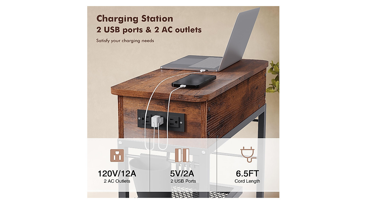 Colima Lift Top End Table with Charging Station and Wheels, Sofa Side Table with USB Port & AC ...