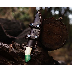 ADAM KNIVES Fixed Blade Damascus Steel Hunting Knife With Leather Sheath, 9'' Full Tang Skinning, Non-Slip Wooden Handle, Camping (Green Wood)