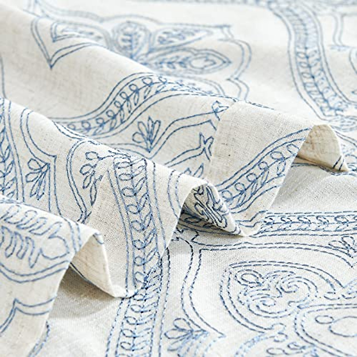 jinchan Linen Textured Curtains for Living Room Embroidered Design Window Curtains Light Filtering Flax Linen Look Window Treatment Set for Bedroom Grommet Top 2 Panels 96 Inch Length Blue