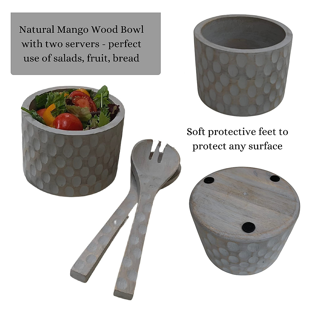 BaraBara Mango Wooden Salad Bowl Set, Small Salad Bowls with set of Two Mango Wood Utensils for House Warming, Anniversaries and Birthdays Size: L6xW6xH4.25, Utensils L9.8 xW2.36 xH0.5 Inches