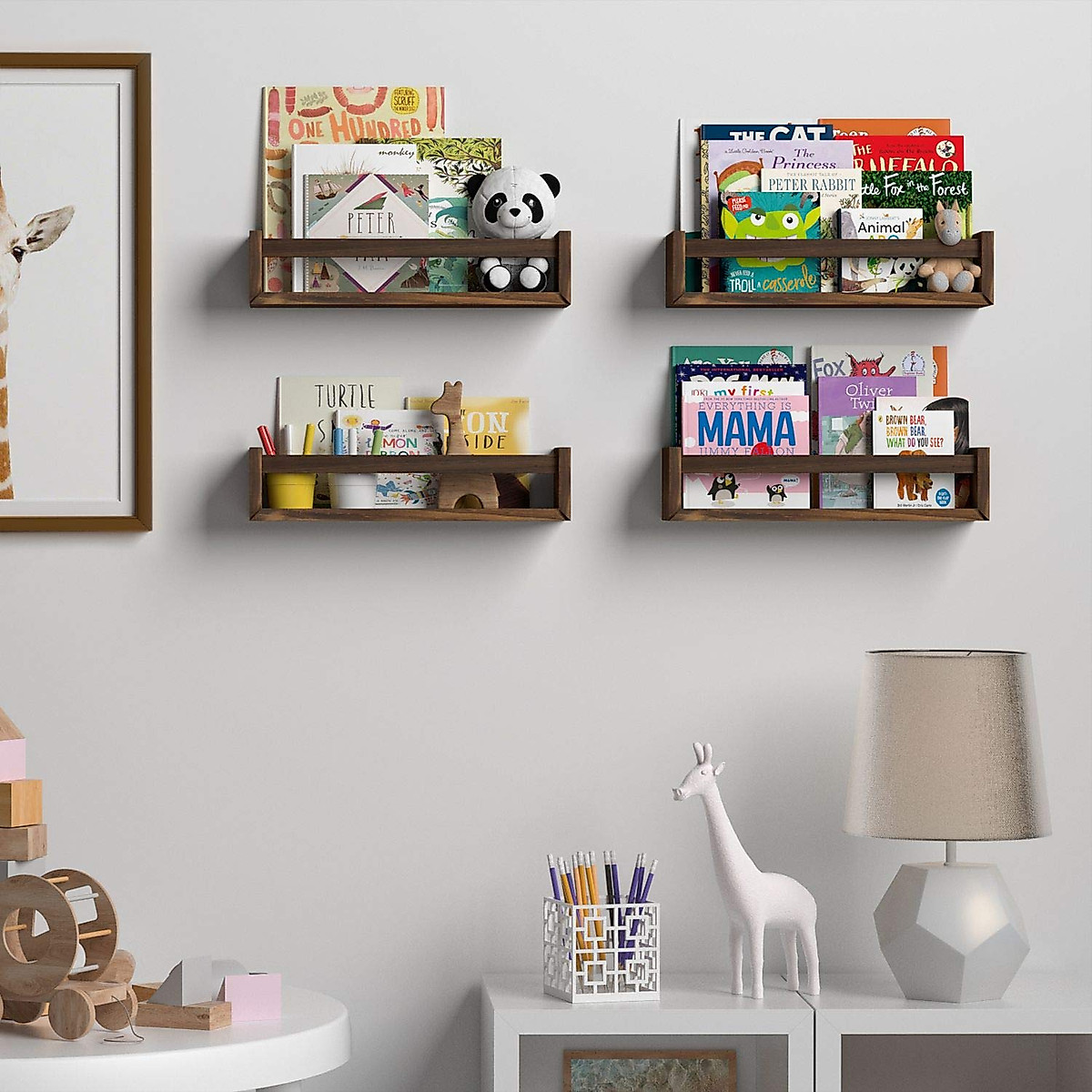Wallniture Utah Nursery Bookshelf Set of 4, Floating Shelves for Kids Room Decor, Wood Wall Shelves (Burnt Wash Brown)