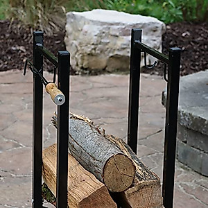 Sunnydaze Firewood Log Rack with Tool Holder Hooks - Indoor/Outdoor Durable Powder-Coated Steel Space-Saving Design - Black