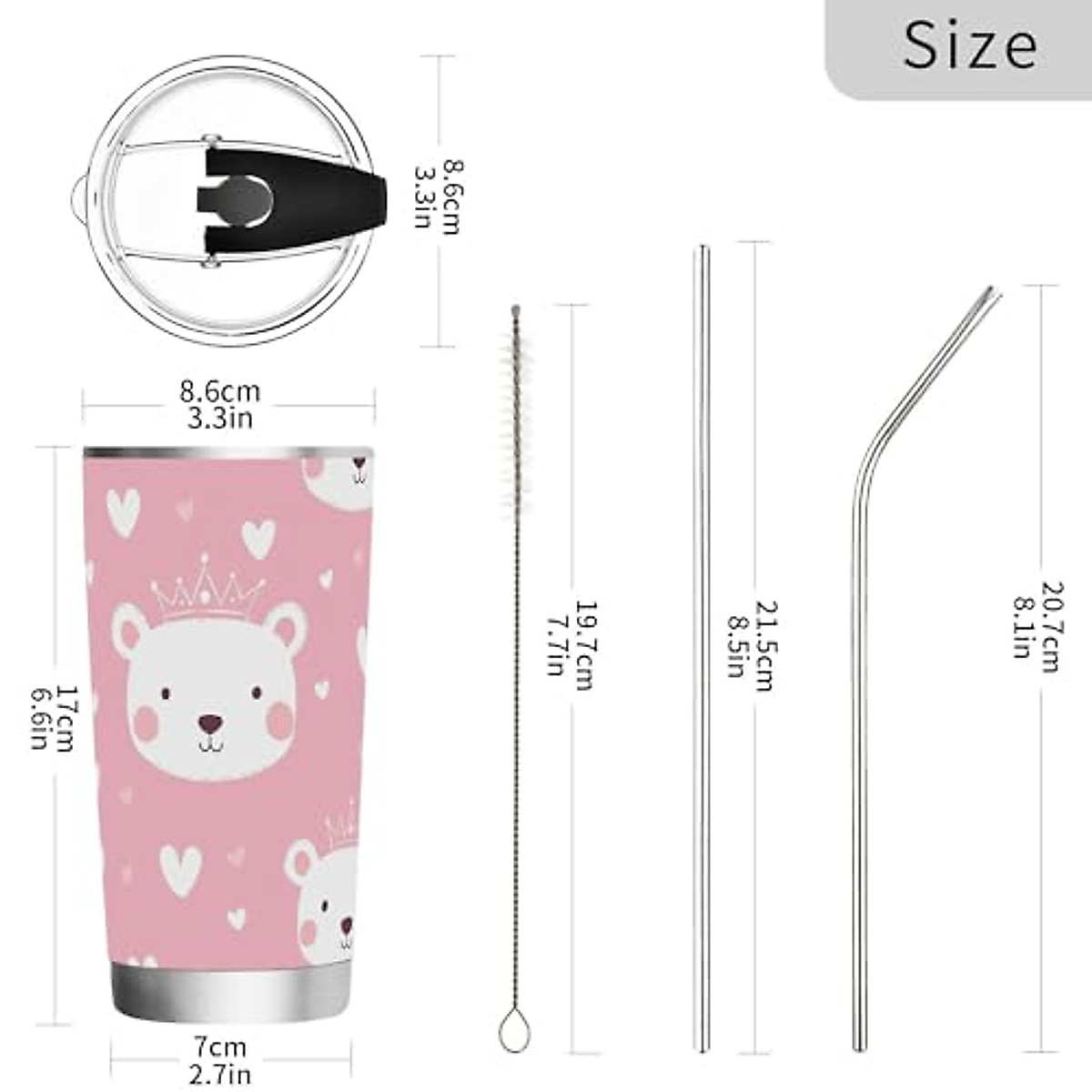 Cartoon Cute White Valentine Bear Stainless Steel water bottle with straw Leak-proof Lid and Straw travel coffee mug spill proof for Home, Office or Car cute straw tumbler 20 OZ