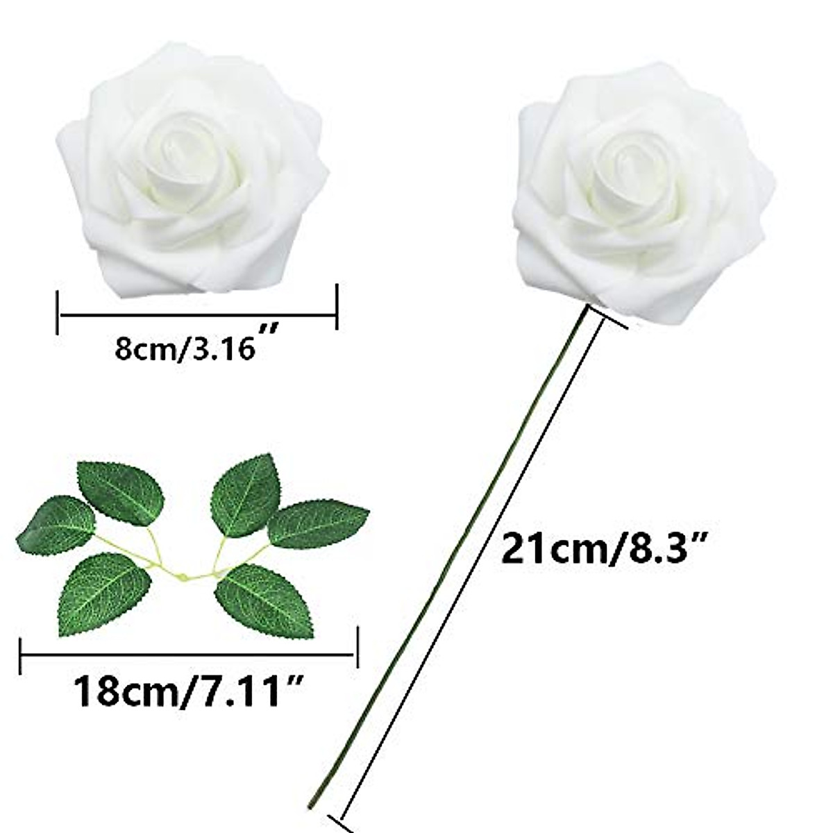 Artificial Flowers 25pcs White Real Looking Foam Rose Fake Flowers with Stem/Leaves for DIY Wedding Bouquets Centerpieces Floral Arrangments Home Party Decorations