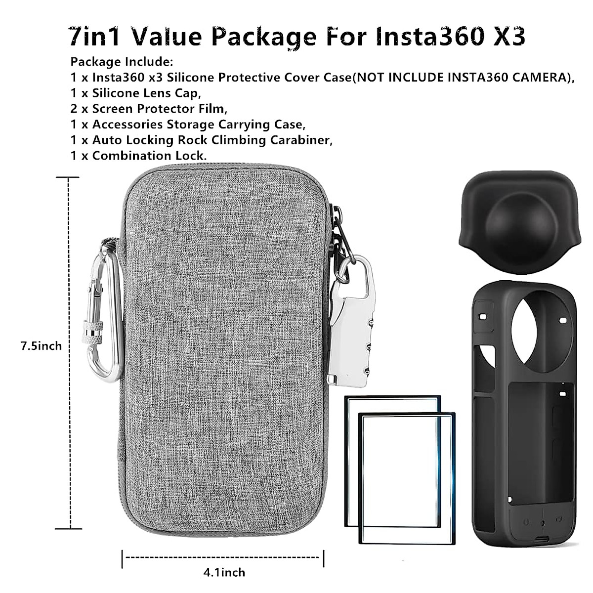 LEWOTE 7in1 Compatible with Insta360 X3 Accessories Kit[Silicone Camera Case Cover and Lens Cap][2Pcs 3D Screen Protector Film][Carrying Case Bag with Auto Locking Carabiner and Anti-loss Lock]