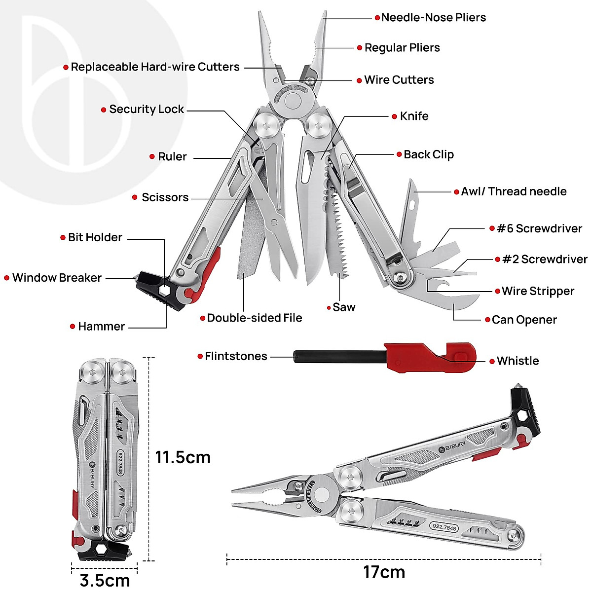 BIBURY Multitool Pliers BI2038B, 22-in-1 Stainless Steel Multi Tool with Flint, Window Breaker, Scissors, Back Clip, Folding Pocket Multifunctional Self-locking EDC Tool for Survival Camping Hiking