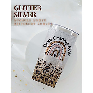 Onebttl Granny Gifts from Granddaughter, Grandson, Insulated Stainless Steel Wine Tumbler with Lid and Straw, for Grandma on Mother's Day, Birthday, Christmas, Best Granny Ever, Glitter Silver, 20 oz