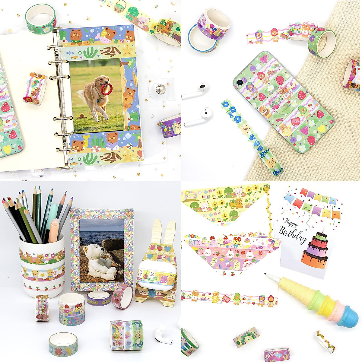 MPOPUUL 30 Rolls Kawaii Washi Tape Set - Cute Bear Print Washi Tapes Decorative for Kids, School Supplies, Journalings,Scrapbooking, DIY Crafts, 20/15/10mm Wide