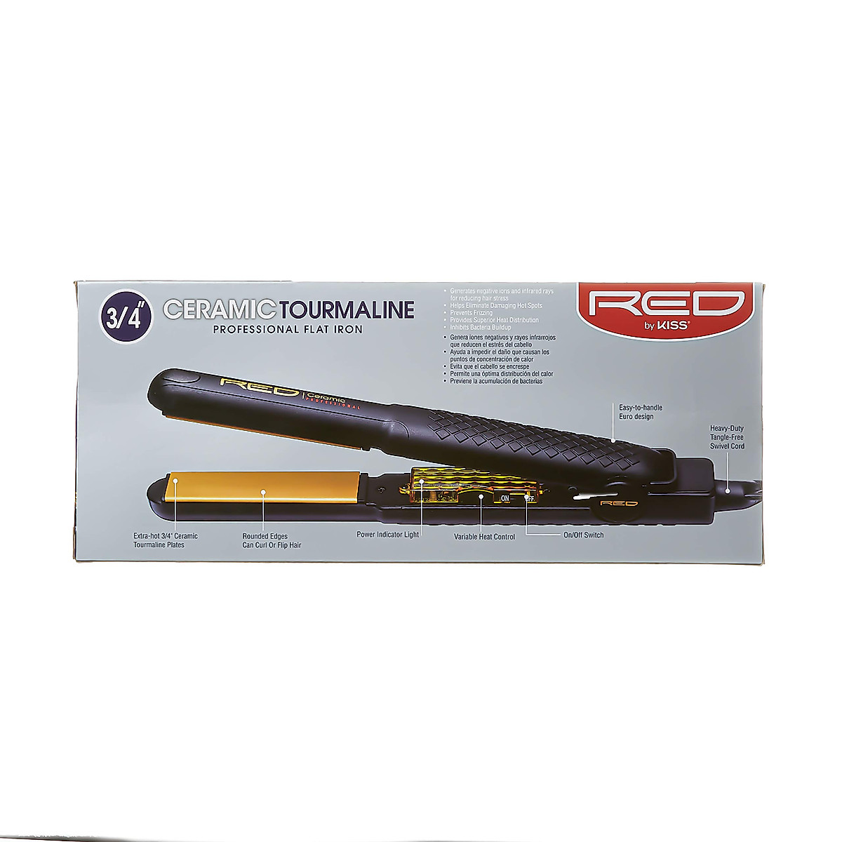 RED by KISS Ceramic Tourmaline Flat Iron (3/4", Ceramic) Eliminates Frizz, Preserves Hair Moisture, Instant Variable Temperature Control with On/Off Button