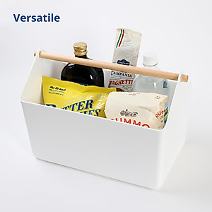 BLUE GINKGO Multipurpose Storage Baskets - 10.5L Large Plastic Storage Bins with Wooden Handles | Home, Kitchen, Bathroom, Nursery Storage Organizer (Made in Korea) - White