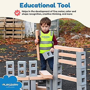 Playlearn 40pc Foam Cinder Blocks for Kids - Children’s Reflective Vest and Storage Bag Included - Actual Brick Size- Lightweight, Soft Building Blocks - Fake Brick Blocks