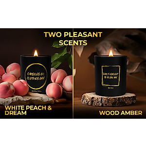 Luxury Funny Candles for Women Or Men - White Peach & Dreams,10oz - Wooden Wick Candles with Soy Wax – Funny Candle, Funny Candles for Men, Bithday Day Gift, Christmas Gift (Candles on Clothes Off)