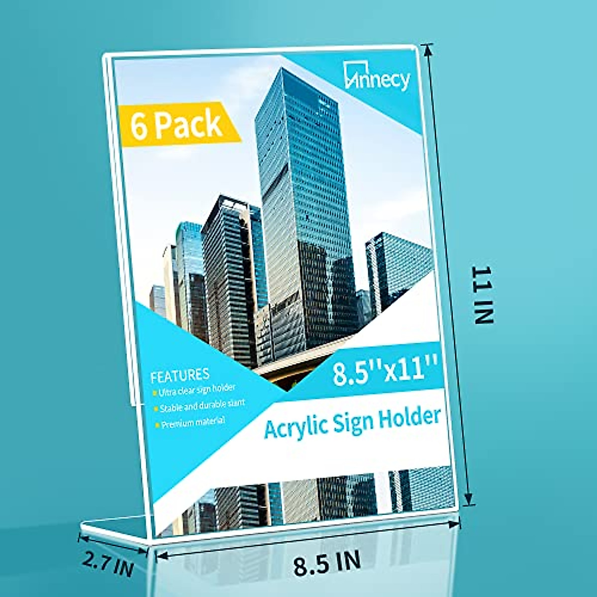Annecy Sign Holder 8.5x11 6 Pack, Clear Slanted Plastic Sign Holder 8.5 x 11 Standing, Display Vertically Menu, Document, Paper, Suitable Desktop for Coffee, Hotel, Office, Public