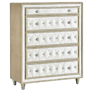 Coaster Home Furnishings Antonella Modern Classic 5-Piece Bedroom Set Velvet Upholstered Eastern King Size Panel Bed Frame 79-inch Headboard Ivory and Camel 223521KE-S5