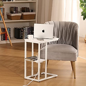 Vagusicc C Shaped End Table with Charging Station, Small Side Tables with USB Ports and Outlets, Snack Sofa Table C Couch Table for Small Spaces, White Bed Side Table for Living Room, Bedroom, Office
