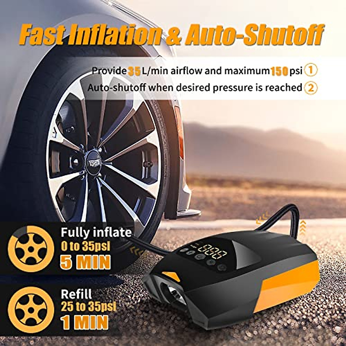 Rickwayy Tire Inflator Portable Air Compressor, 12V DC Air Pump for Car Tires, 150PSI Auto Portable Air Compressor with Emergency Light, Air Pump for Car, Motorcycle, Bicycle and Other Inflatables