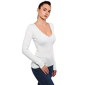 AmélieBoutik Women Scallop Trim V Neck Long Sleeve Ribbed Pullover Sweater (Ivory White Large)