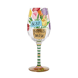 Enesco Designs by Lolita Best Bonus Mom Hand-Painted Artisan Wine Glass, 15 Ounce, Multicolor