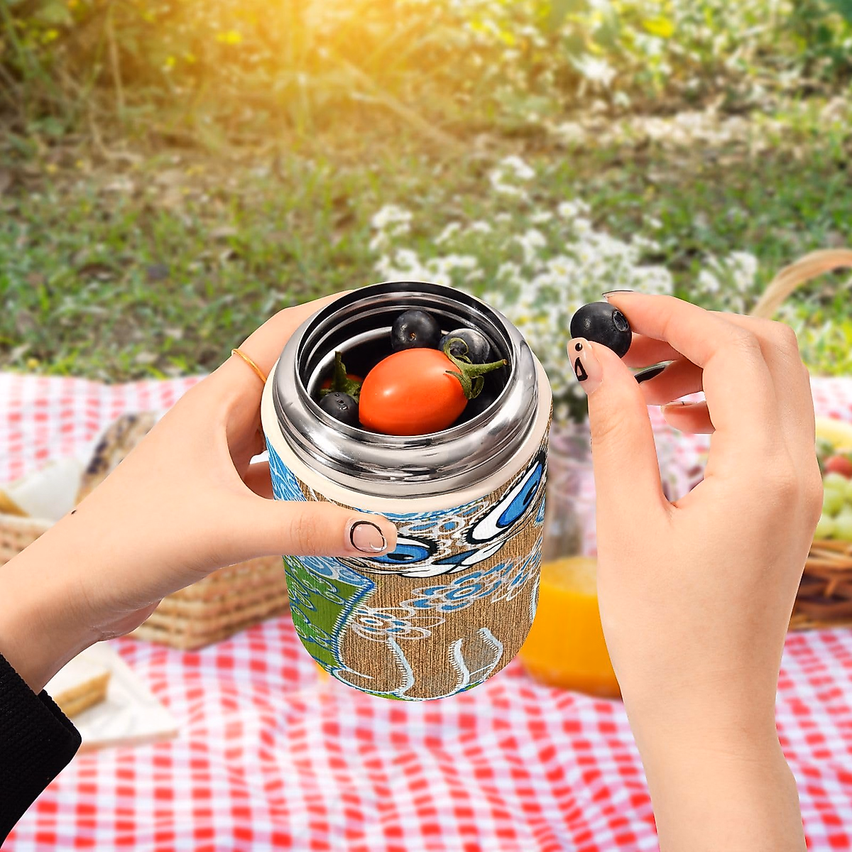 CUPADA Funny Cat Vintage Food Jar, Sky Flower Cute Insulated Hot Food Jars Vacuum 17OZ with Folding Spoon for Work Trip Picnic Camping