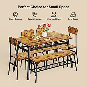 Gizoon 6-Piece Dining Table Set for Home, Kitchen, Dining Room with Storage Racks, Rectangular Kitchen Table with Bench, 4 Chairs, Steel Frame, Brown