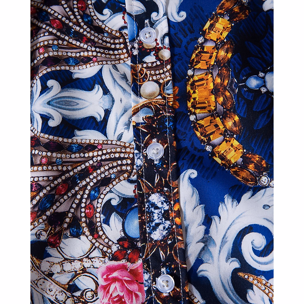 fohemr Mens Luxury Dress Shirts Baroque Gold Chain Print Casual Long Sleeve Button Down Shirt Blue Large