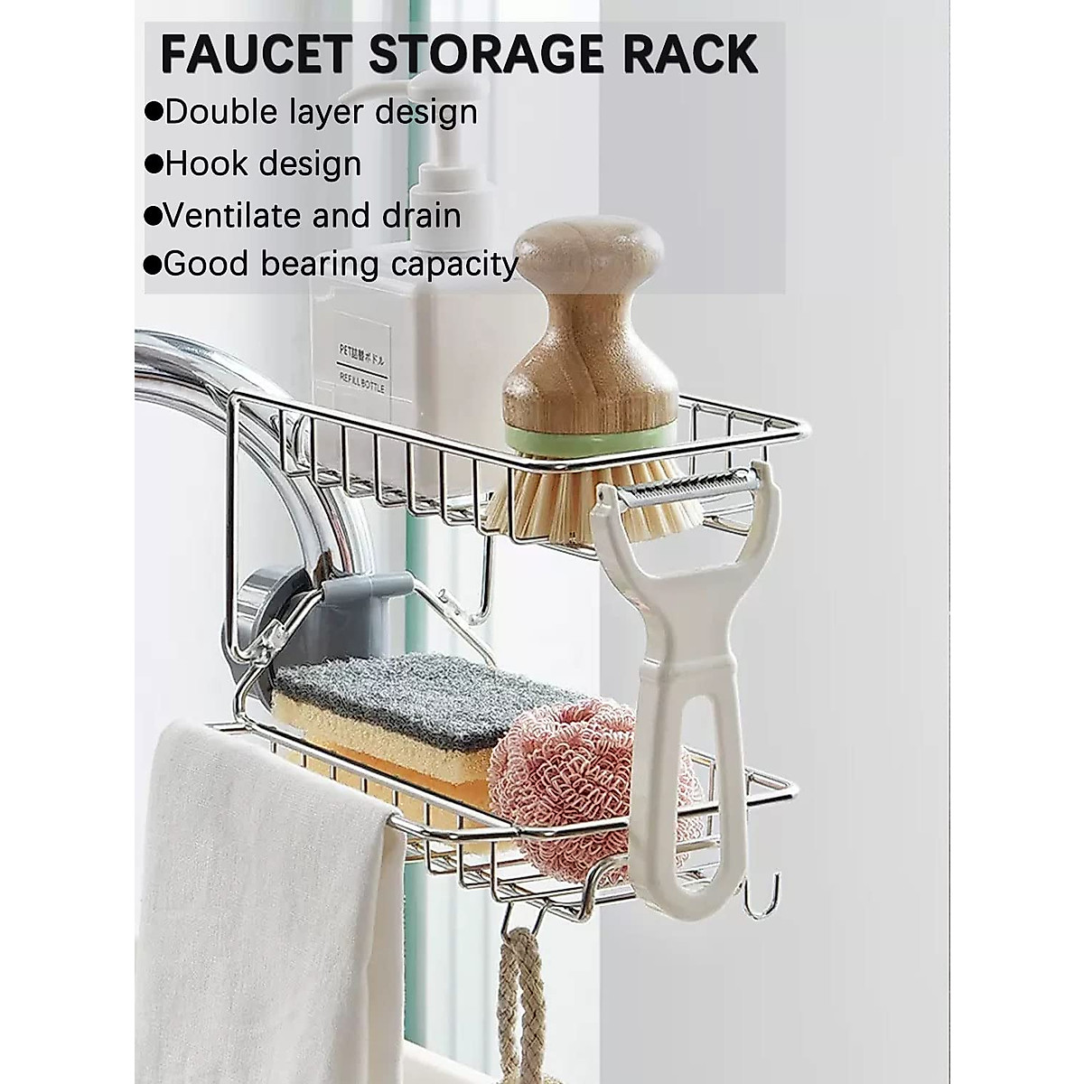 CSKB Sponge Holder for Kitchen Sink, Double-Layer Faucet Rack for Kitchen Sink, Multifunction Stainless Steel Faucet Rack, Soap Sponge Holder with Towel Rack for Kitchen Bathroom