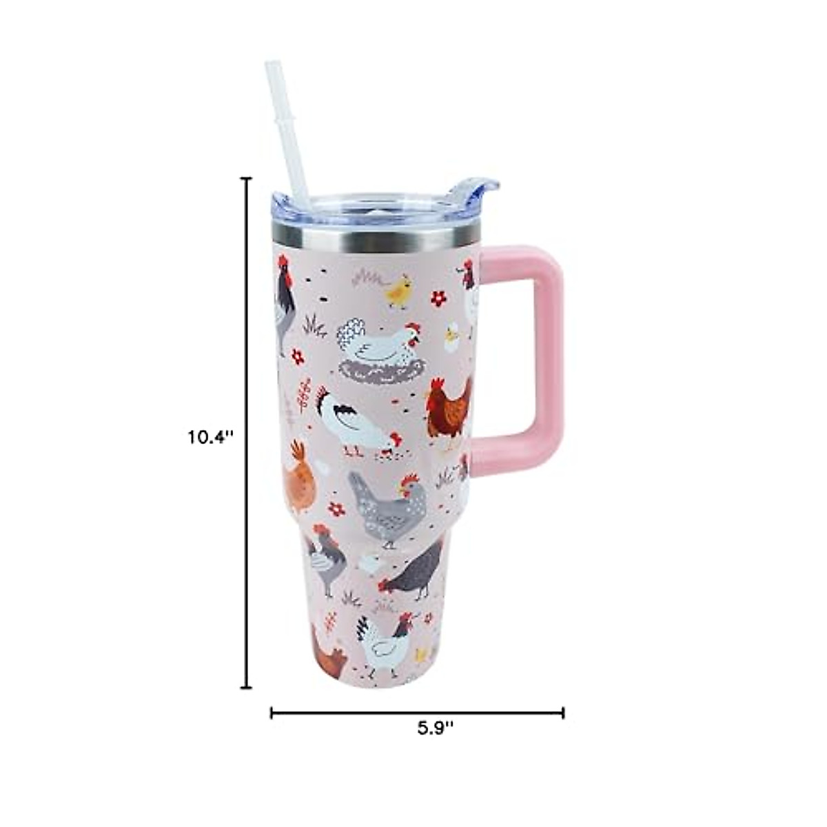 PERRIFIC 40 oz Tumbler with Handle and Straw Lid Leak Proof, Chicken and Rooster Design Coffee Travel Mug with Handle Insulated for Hot and Cold Drink Ice, Mother's Day Birthday Gifts for Women Mom