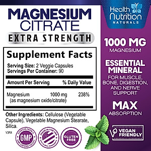 Magnesium Citrate Capsules 1000mg - Max Absorption Magnesium Powder for Muscle, Nerve, Bone and Heart Health Support, High Absorption Citrate Complex, Gluten Free, Non-GMO - 180 Capsules