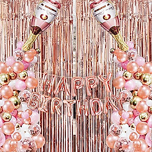 Rose Gold Birthday Decorations for Women, Include Happy Birthday Banner, Rose Gold Champagne Balloon Garland Arch Kit and 2Pcs Rose Gold Fringe Curtain