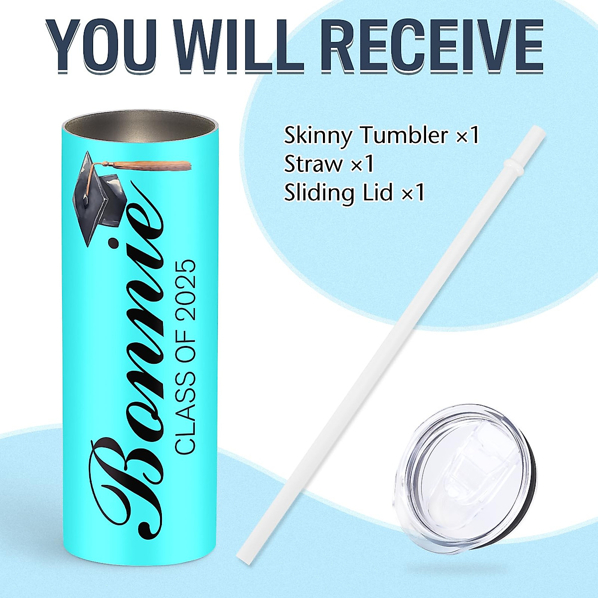 Personalized Graduation Tumbler Gifts for Her Him - Class of 2025 Graduation Gifts for Girls Boys, Custom Graduation Skinny Tumblers with Lid and Straw, High School Masters Degree Phd Graduation Gifts