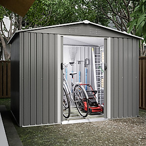 Evedy 8 x 6 FT Outside Storage Shed, Metal Outdoor Storage Sheds with Sliding Doors, Large Garden Shed Outdoor Utility Tool Shed with Pent Roof for Backyard Patio Lawn